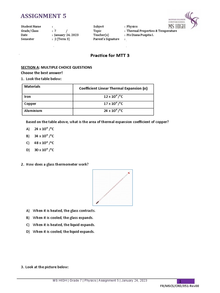 Chloe Kho - Assignment 5 - MTT Practice | PDF | Thermal Expansion | Heat Capacity