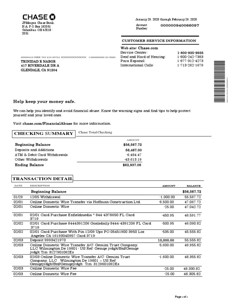 Chase Bank Statement 1 Latest | PDF | Debit Card | Banks