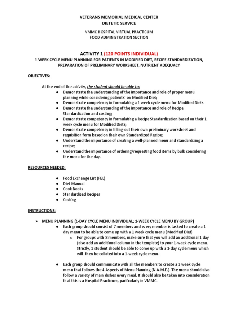 Fas Mdu Act 1 Menu, Standardization, Prelim, Adequacy | PDF | Lunch | Meal