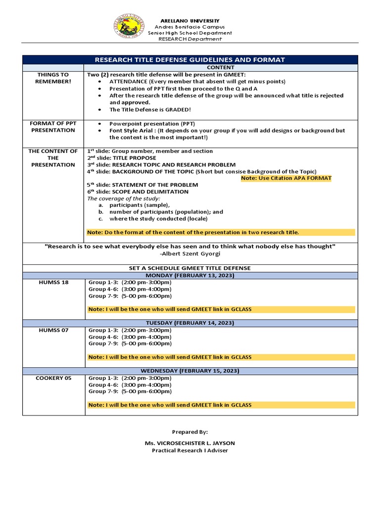 Research Title Defense Guidelines and Format | PDF | Microsoft Power ...