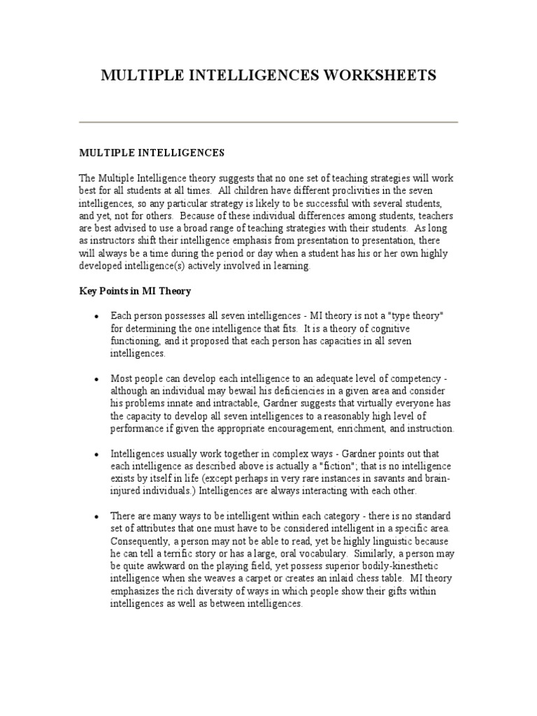 Multiple Intelligences Worksheets Guide | PDF | Intelligence | Thought