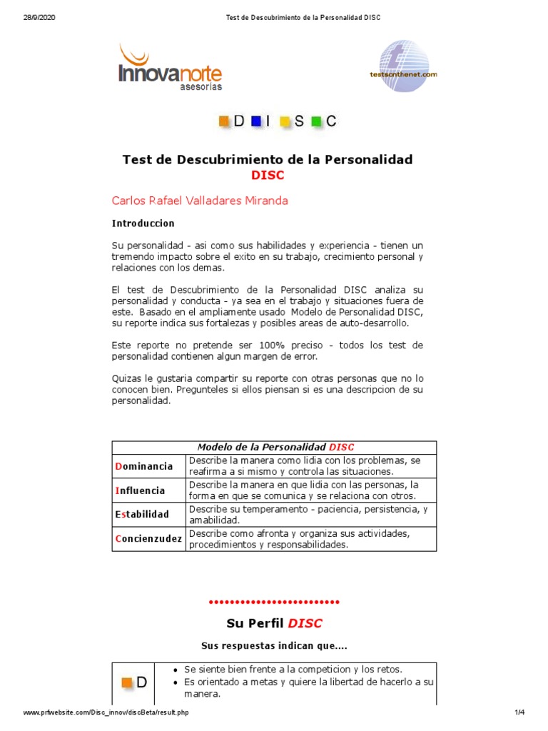 Test de Descubrimiento de La Personalidad DISC | PDF | Sicología