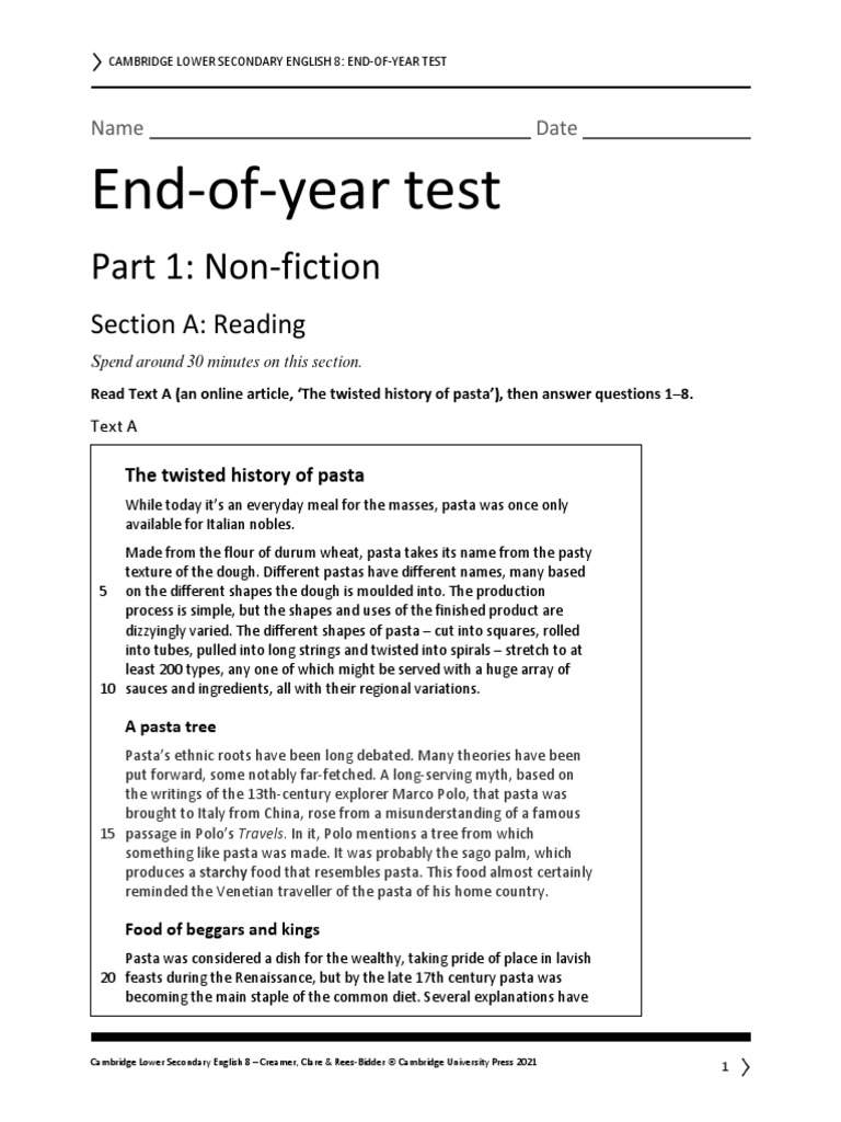 LS English 8 End of Year Test | PDF | Pasta | Cuisine