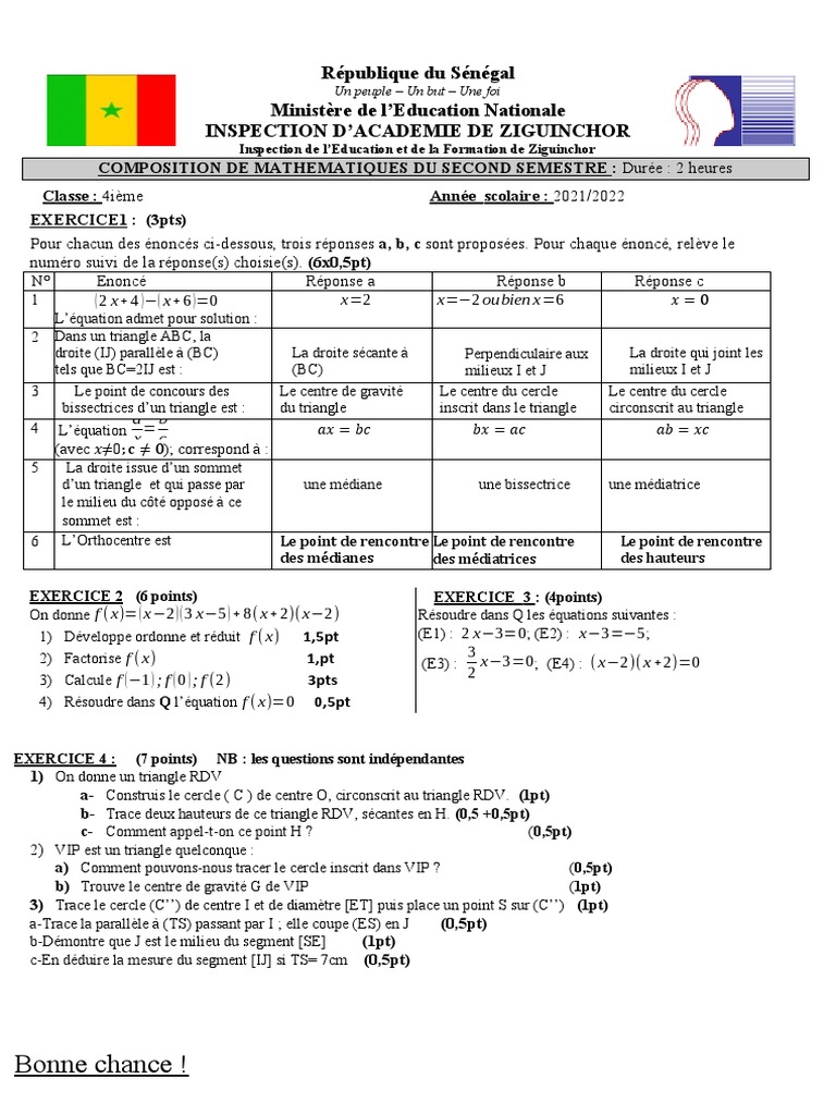 Composition de Mathématiques 4ème 2022 | PDF | Triangle | Géométrie
