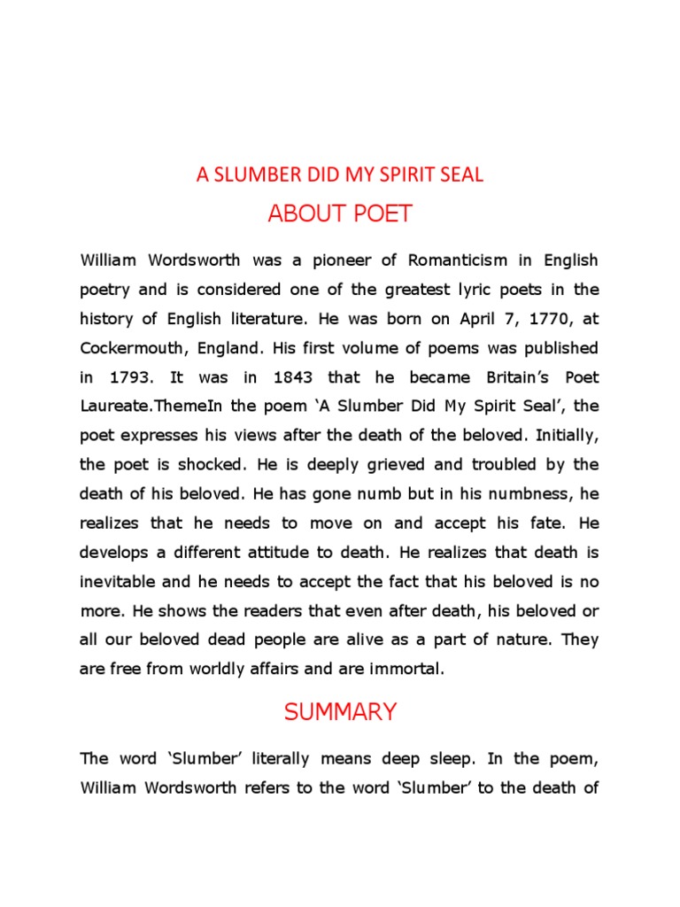 A Slumber Did My Spirit Seal 2 | PDF | Death | Poetry A Slumber Did My Spirit Seal 2 | PDF | Death | Poetry