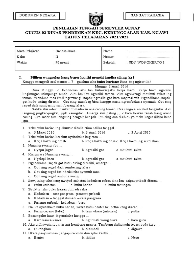 Soal PTS Bahasa Jawa Kelas 2 | PDF