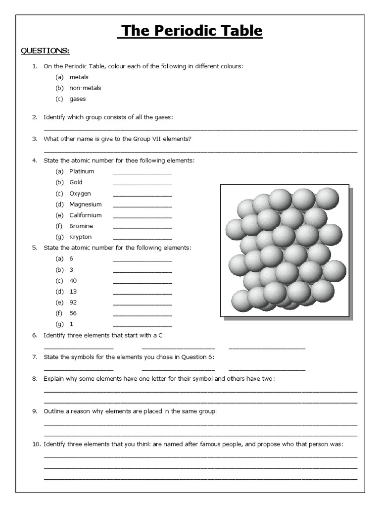 The Periodic Table Worksheet | PDF | Chemical Elements | Periodic Table