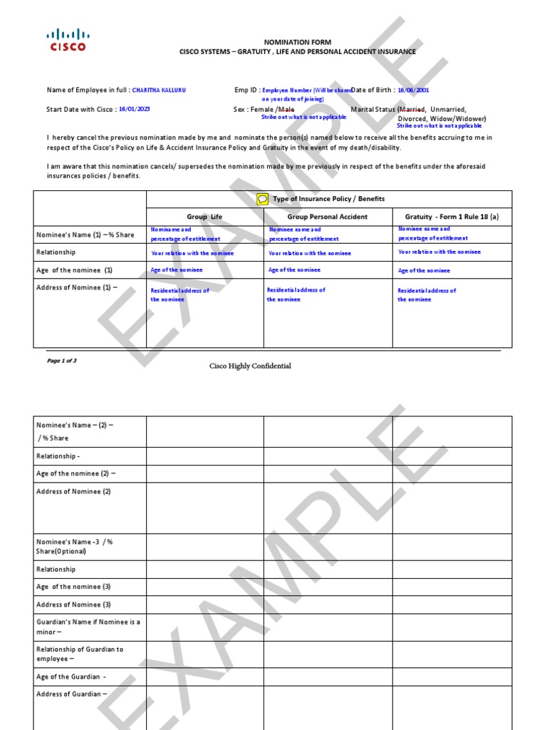 EXAMPLE ONLY - Filled Gratuity Life and Personal Accident Insurance ...