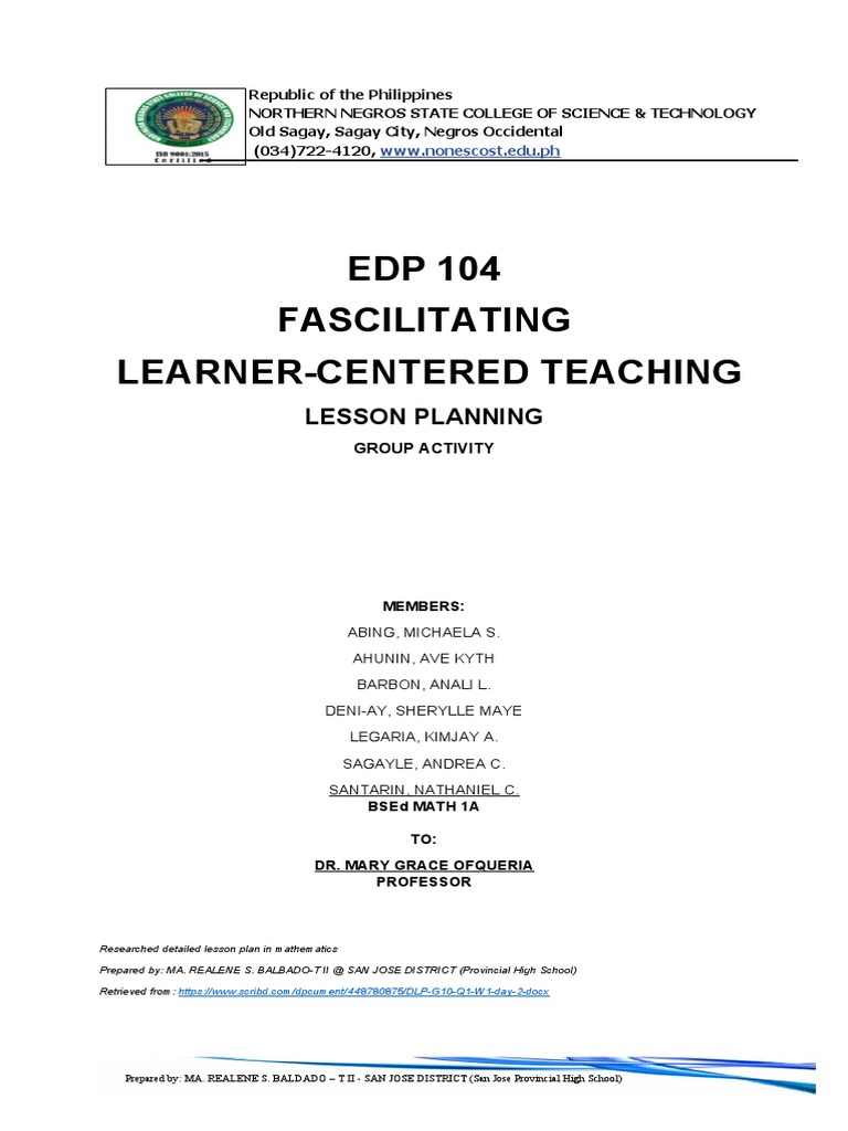 EDP104 - Detailed Lesson Plan - BSEd Math1A | PDF