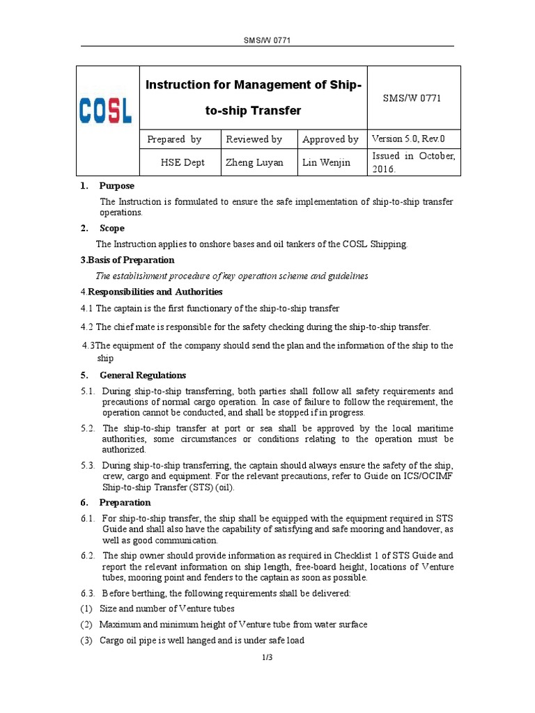 SMS W 0771 Instruction For Management of Ship-To-Ship Transfer | PDF ...