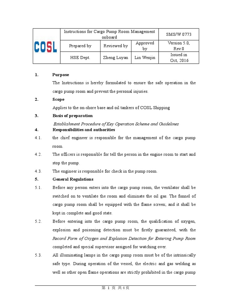 SMS W 0773 Instructions For Cargo Pump Room Management Onboard | PDF ...