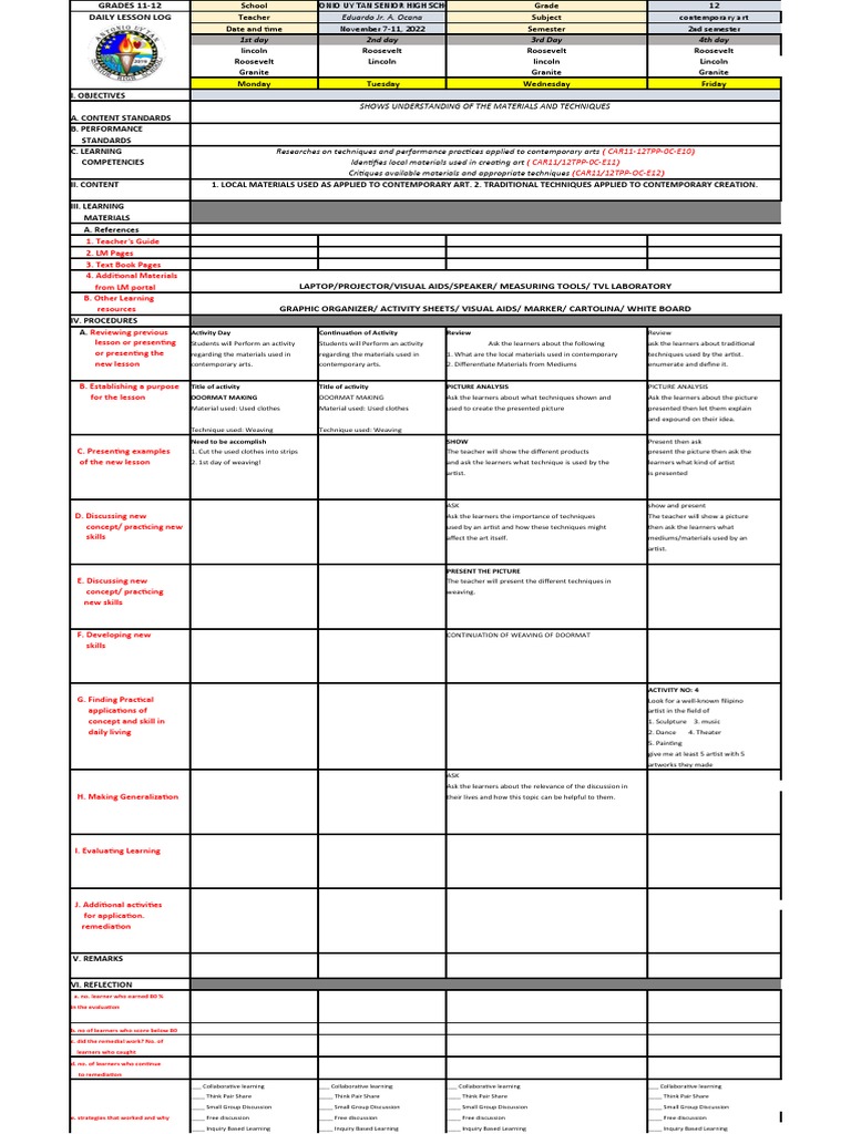 Contemporary Art DLL Q2 WEEK 1 | PDF | Learning | Inquiry Based Learning