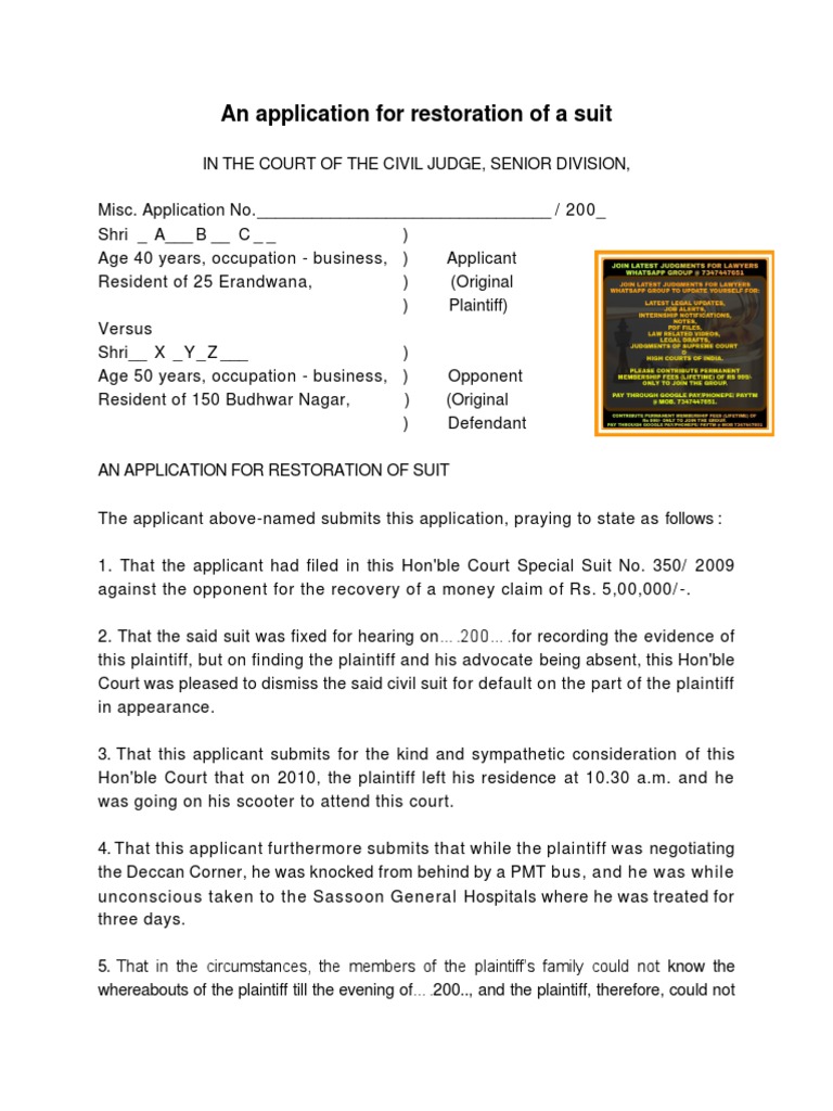 Format of An Application For Restoration of A Suit-1 | PDF | Lawsuit ...