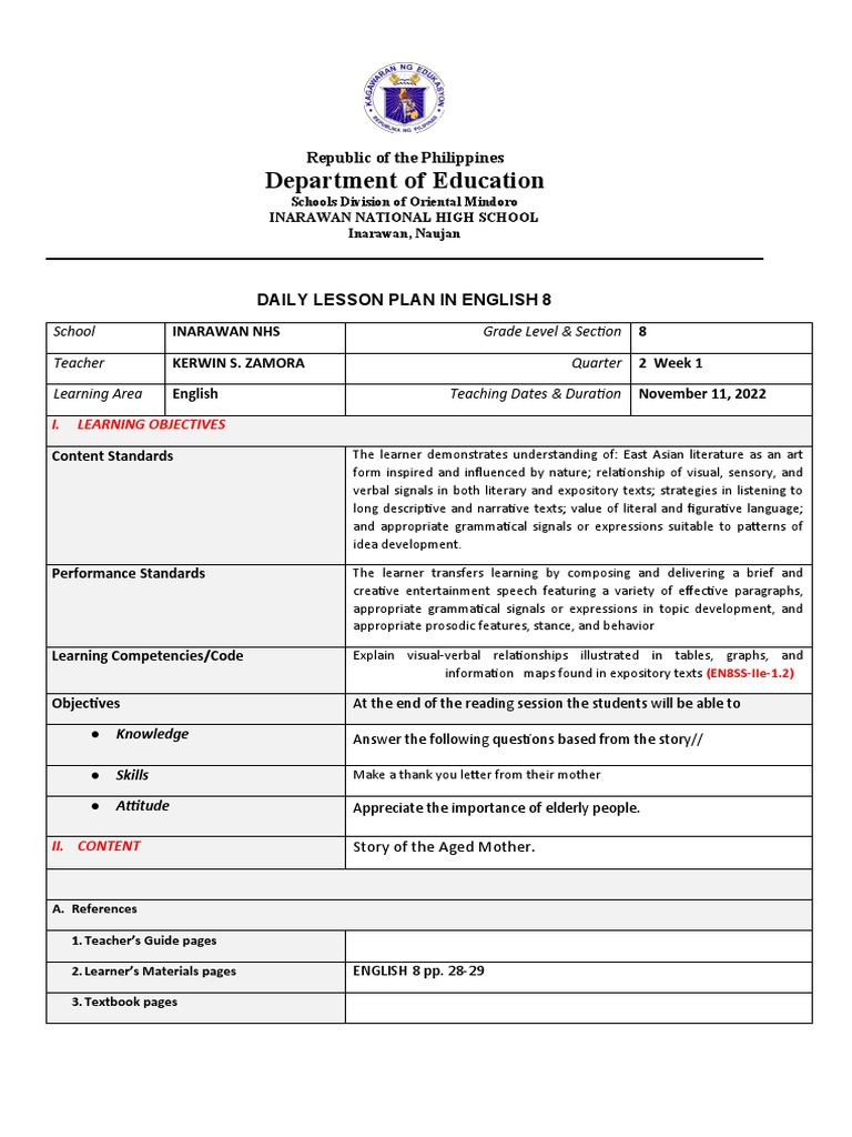 DLP Eng.-8 - Q2 - NOV. 11, 2022 | PDF | Learning | Teachers