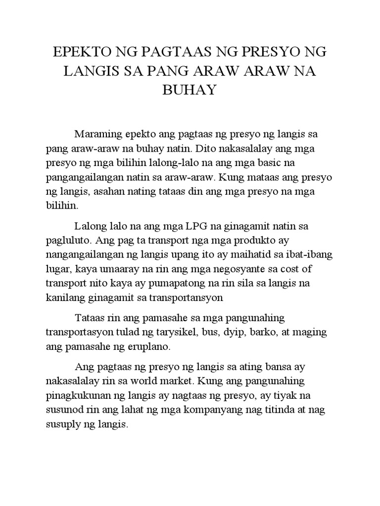 Epekto NG Pagtaas NG Presyo NG Langis Sa Pang Araw Araw Na Buhay | PDF