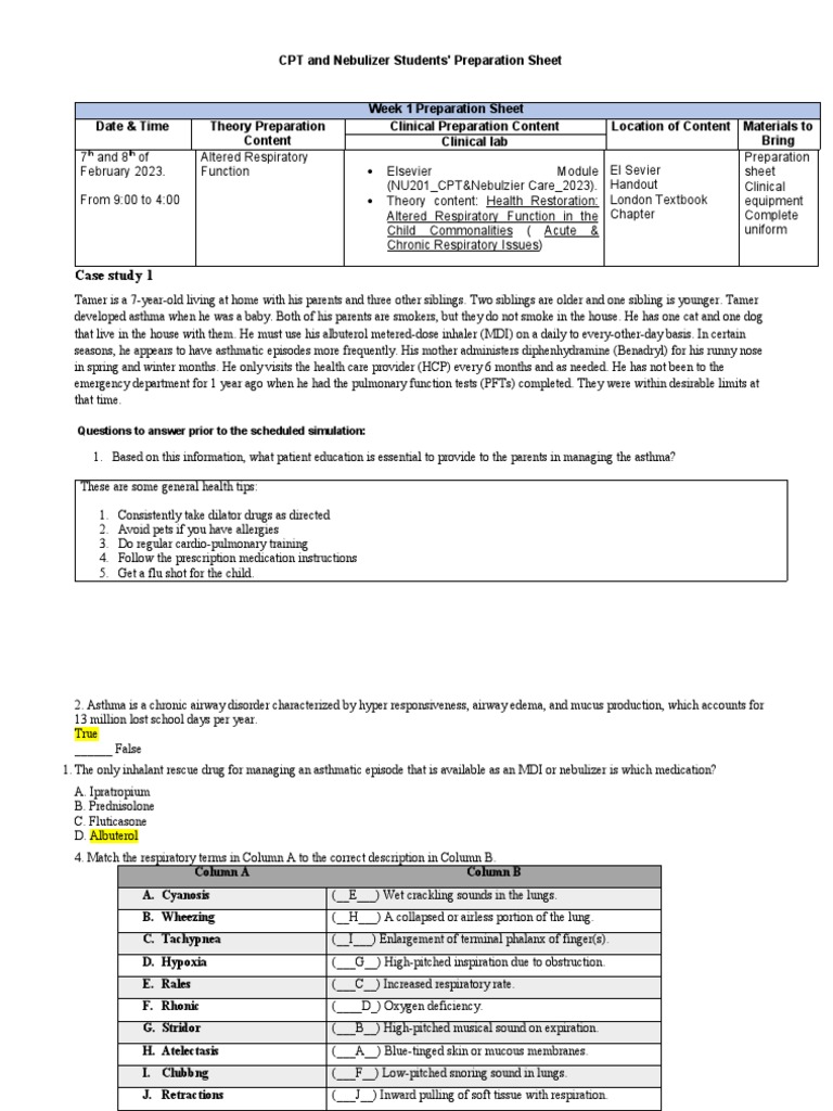 CPT and Nebulizer Preparation Sheet - Student Version | PDF | Asthma ...