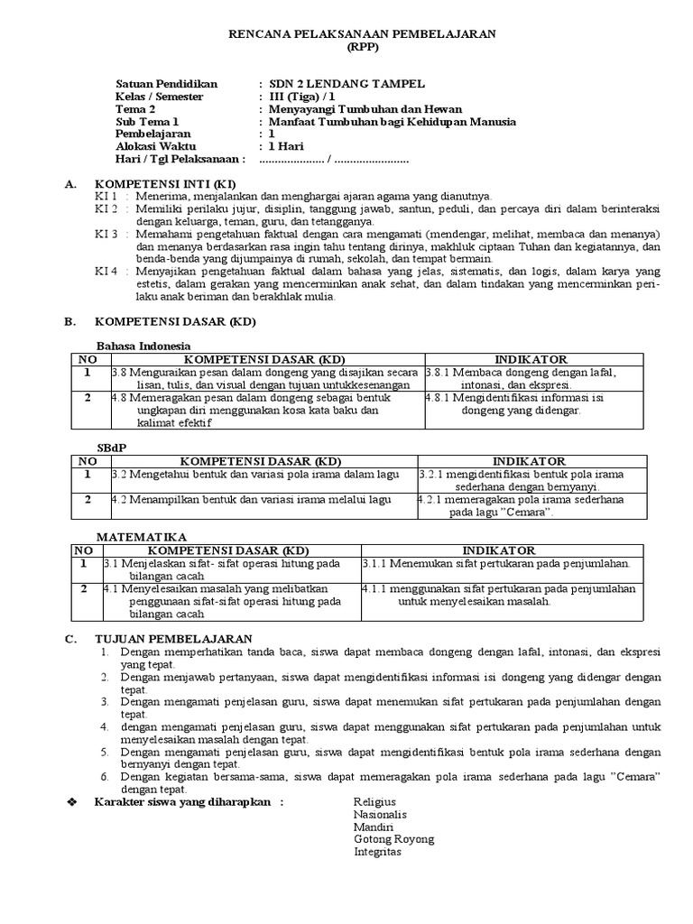 RPP Kls 3 Tema 2 Ok | PDF