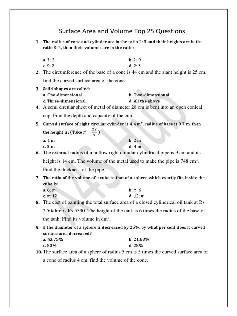 13.surface Area and Volume Top 25 Questions Done | PDF | Sphere | Area