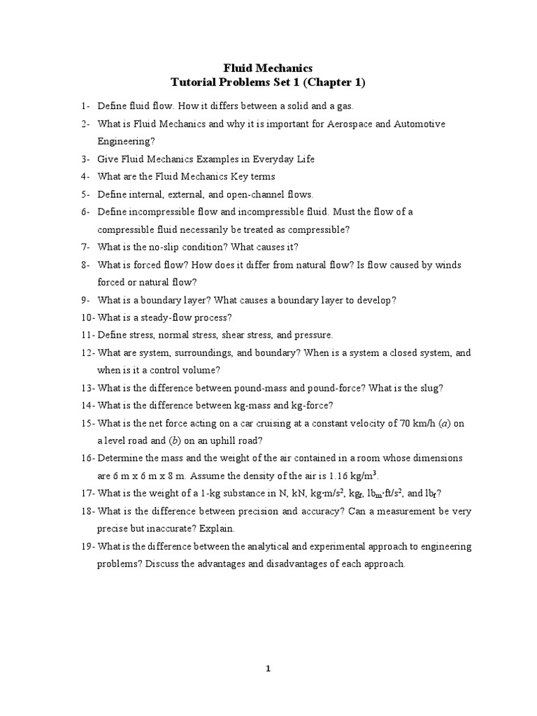 Fluid Mecahnics-Tutorial Sheet 1 Chapter 1 | PDF | Fluid Mechanics ...