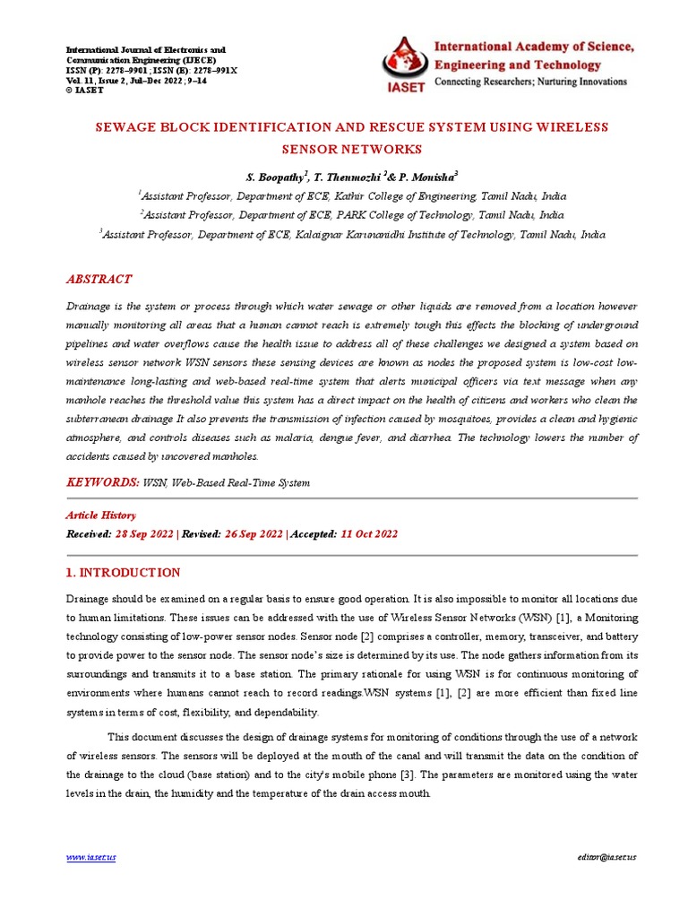 Ijece - Sewage Block Identification and Rescue System Using Wireless Sensor - 1 | PDF ...