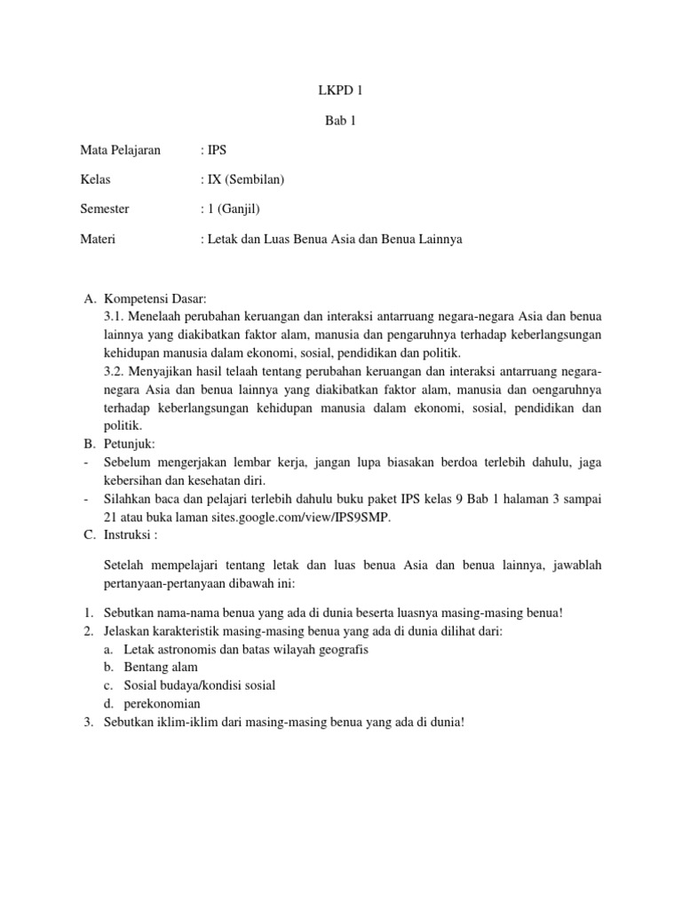 LKPD 1 IPS Kelas IX Semester 1 | PDF