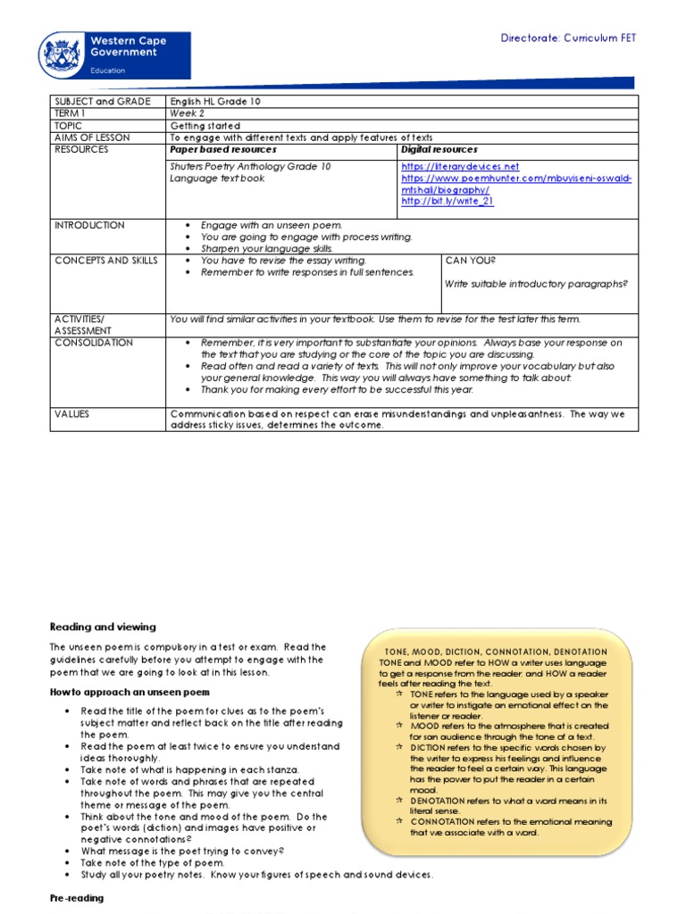 English HL Grade 10 Term 1 Week 2 - 2021 | PDF | Poetry | Essays