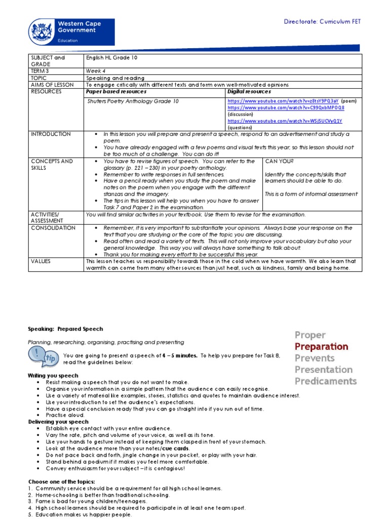 English HL Grade 10 Term 3 Week 4 - 2020 | PDF | Poetry | Linguistics