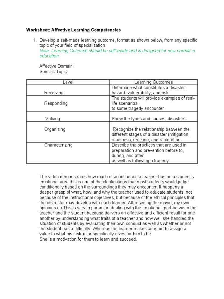 Worksheet Affective Learning Competencies 1 | PDF