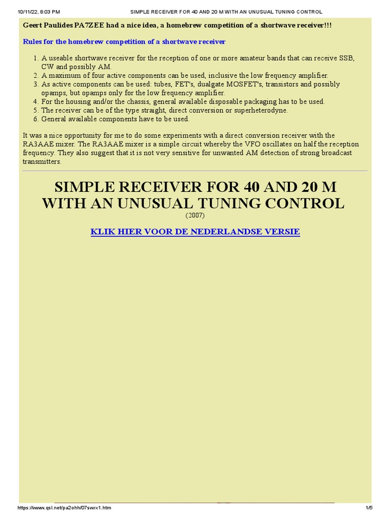 Simple Receiver For 40 and 20 M With An Unusual Tuning Control | PDF | Amplifier | Inductor