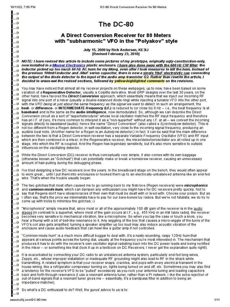 DC-80 Direct Conversion Receiver for 80 Meters: Overcoming Challenges ...