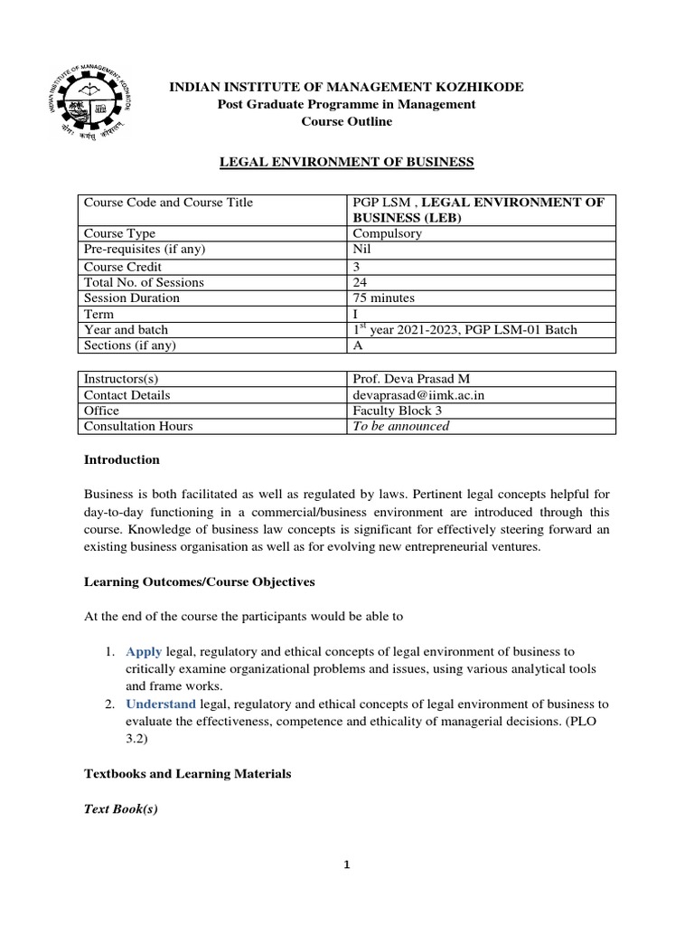 LEB - Course Outline - Updated | PDF | Limited Liability Partnership | Law