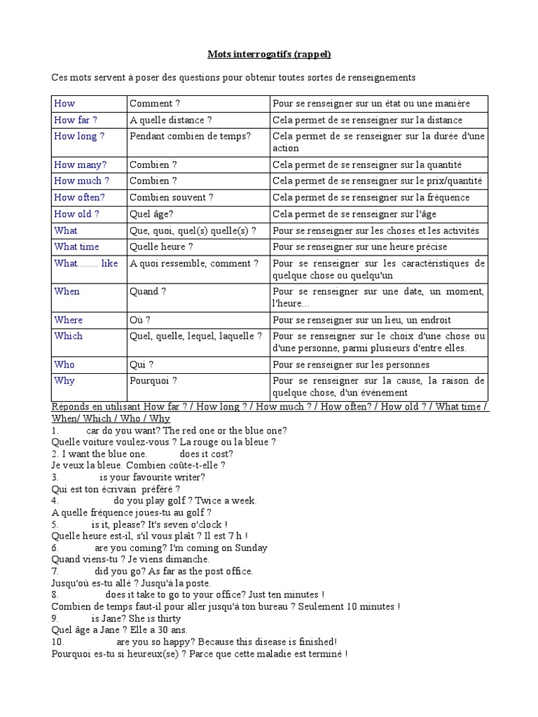 Exercices Mots Interrogatifs | PDF