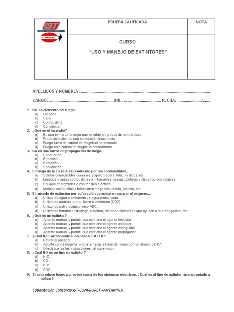 Examen Uso y Manejo de Extintores (1) | PDF | Incendios | Química