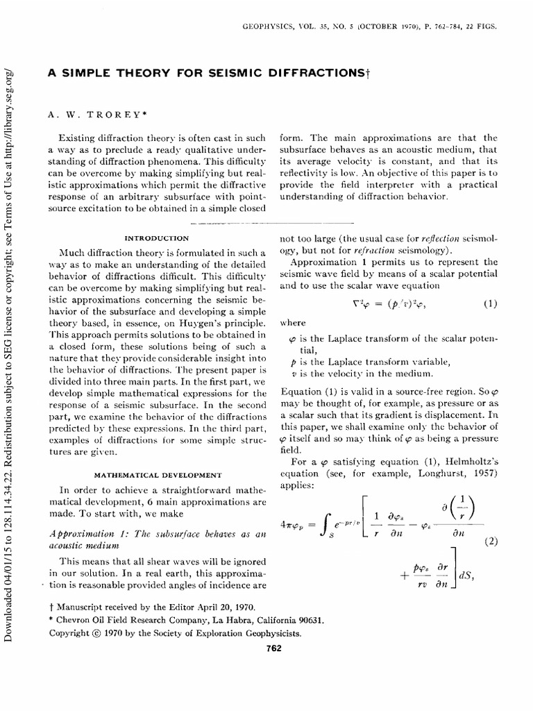 A Simple Theory For Seismic Diffractions - Trorey 1970 | PDF ...