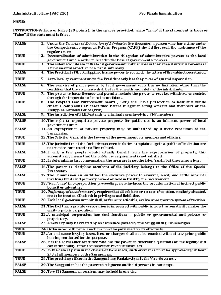 ANSWER KEY Admin Law Pre Finals Exam | PDF | Taxes | Corporations