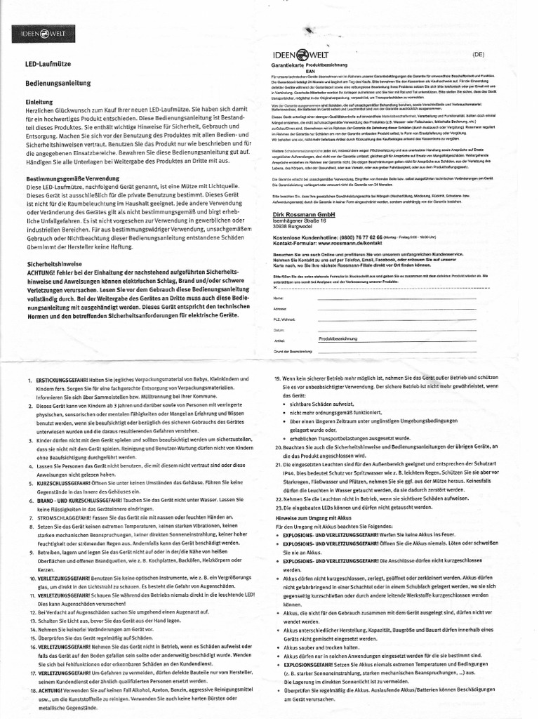 Ideen Welt Rossman-LED Laufmütze-Manual German | PDF
