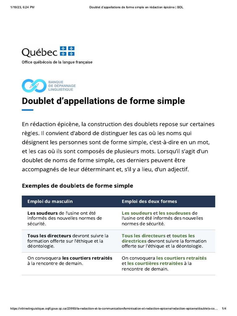 Doublet D'appellations de Forme Simple en Rédaction Épicène - BDL | PDF ...