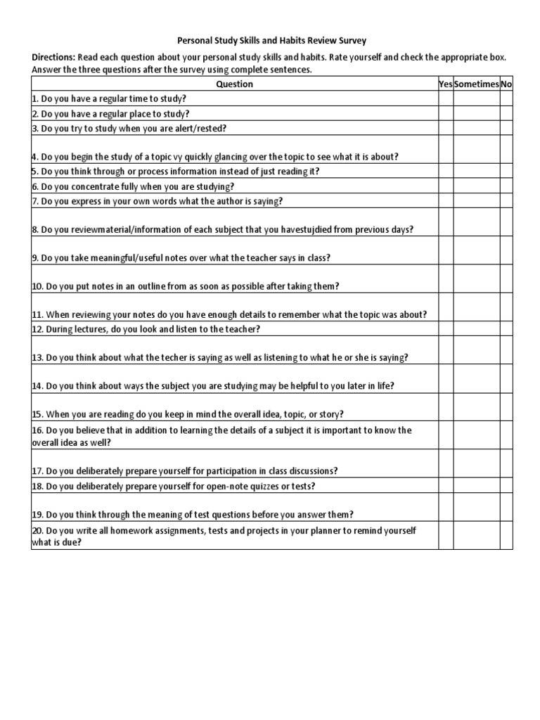 Personal Study Skills and Habits Review Survey | PDF