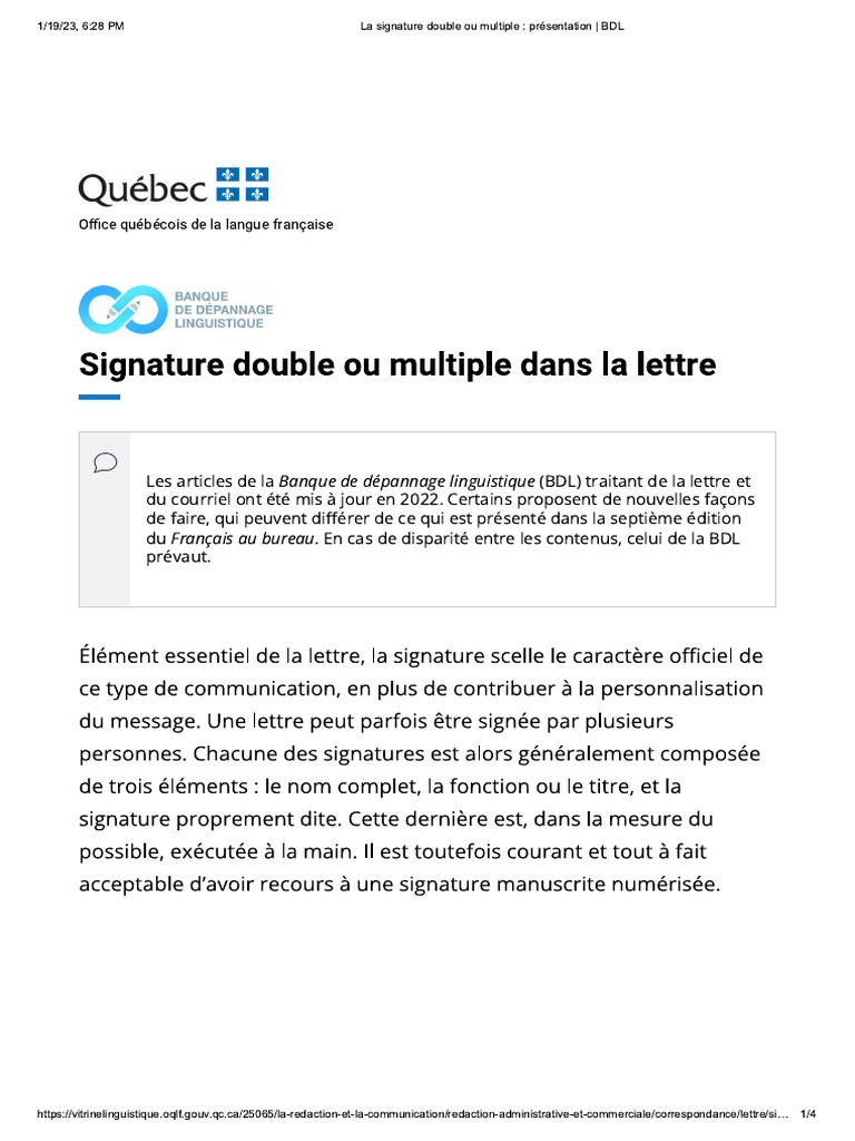 La Signature Double Ou Multiple - Présentation - BDL | PDF