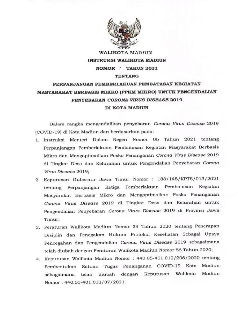 Instruksi Walikota Madiun Nomor 7 Tahun 2021 Tentang PPKM Mikro | PDF Instruksi Walikota Madiun Nomor 7 Tahun 2021 Tentang PPKM Mikro | PDF