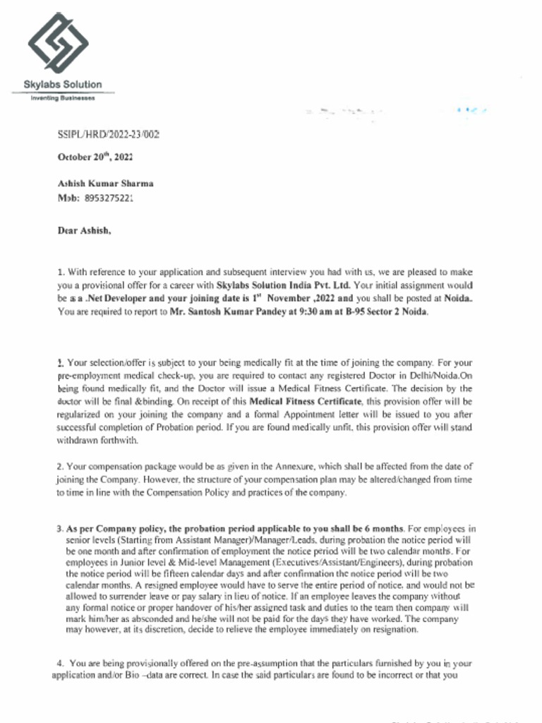Offer Letter - Ashish Sharma | PDF