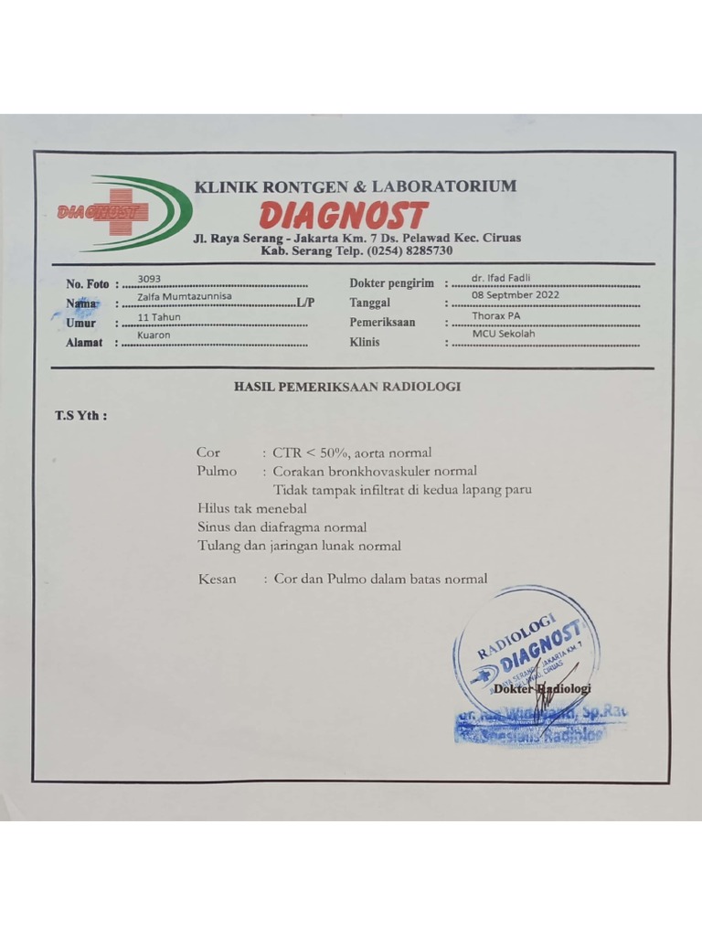 Hasil Rontgen Zalfa | PDF
