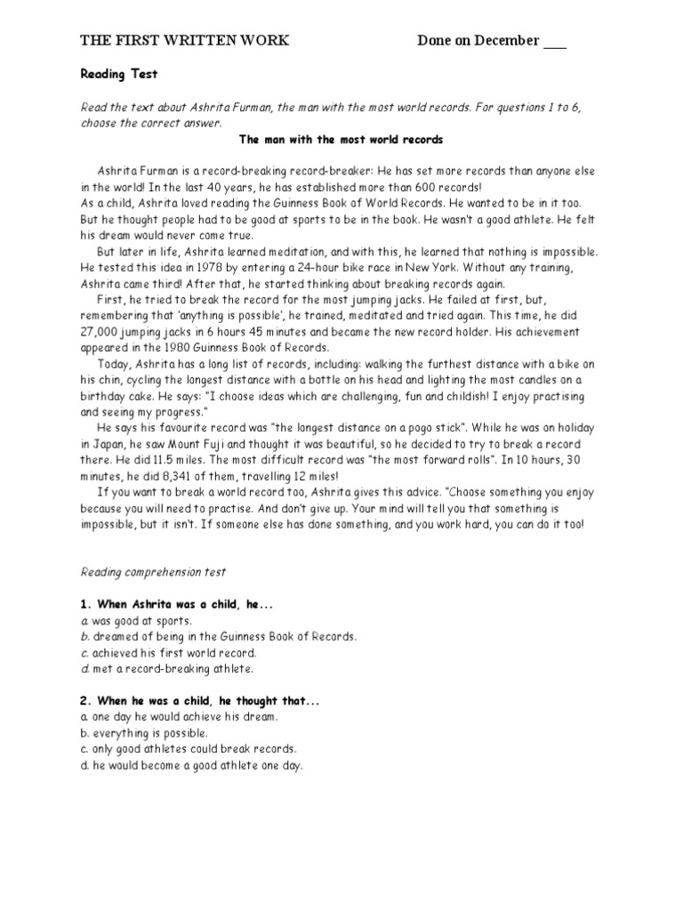 THE FIRST WRITTEN WORK 7 Done On December | PDF