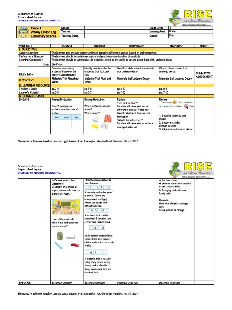Grade 4 Science Week 1 Lesson Plan | PDF | Teachers | Learning