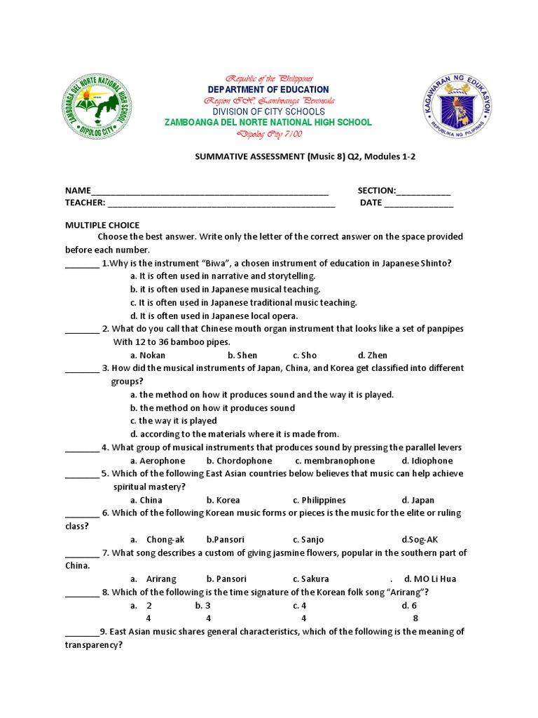 Music 8 Summative Assessment Q2 | PDF | Entertainment | Performing Arts