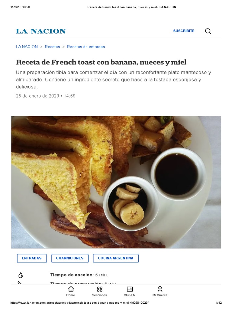 Receta de French Toast Con Banana, Nueces y Miel - LA NACION | PDF