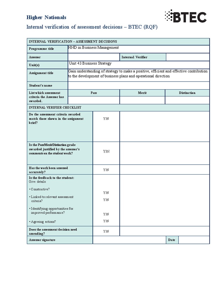 Internal Verification of Assessment Decisions - BTEC (RQF) : Higher ...