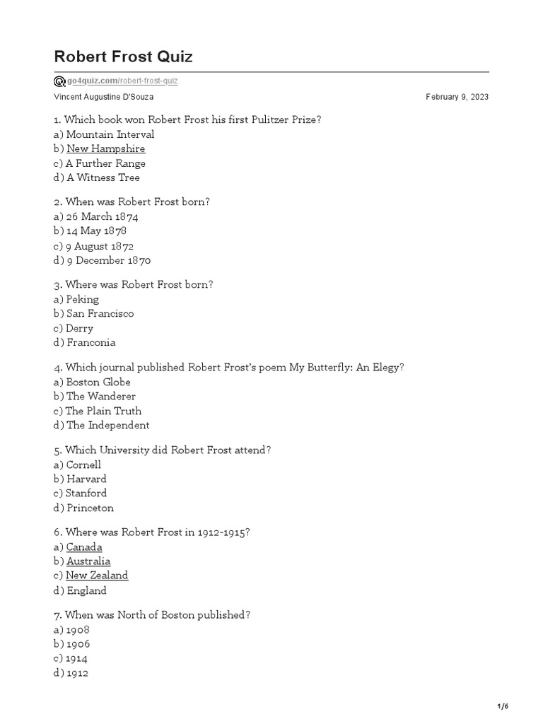 Robert Frost Quiz Questions & Answers | PDF
