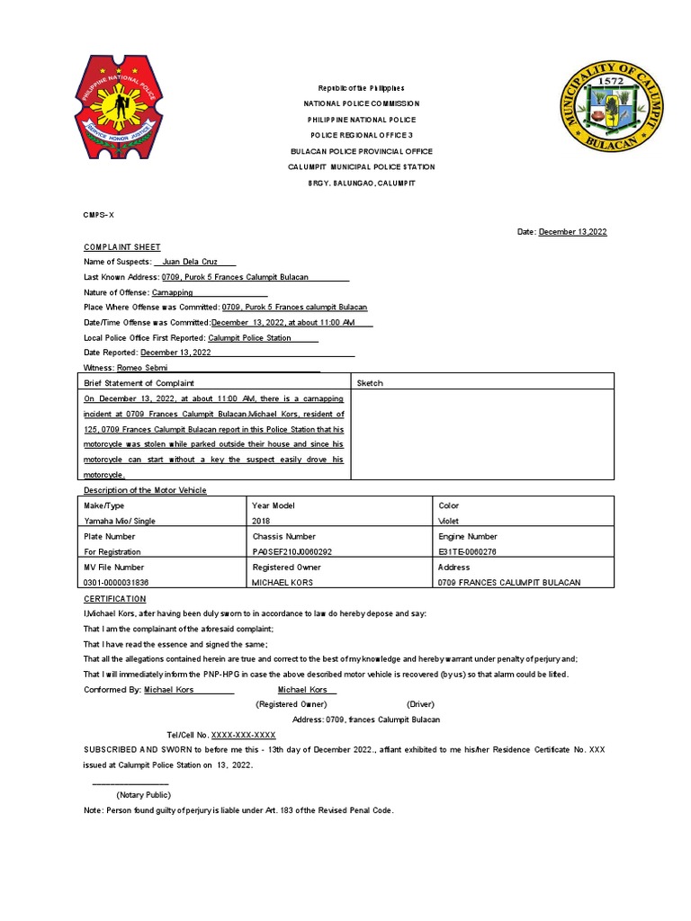 Carnapping Incident Report - Calumpit | PDF | Vehicles | Crimes