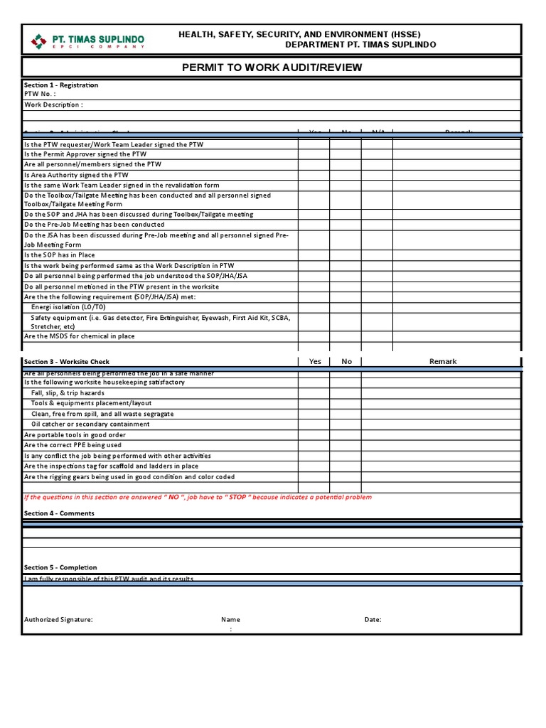 PTW Audit Form | PDF | Occupational Safety And Health | Safety